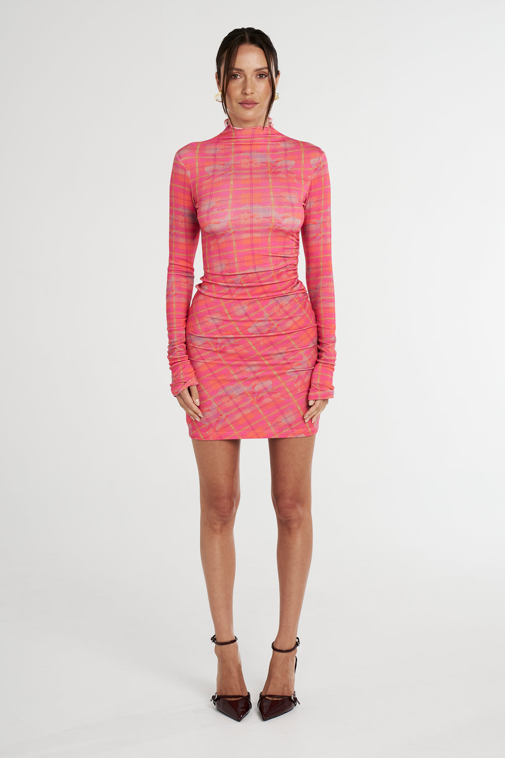 LS RUCHED DRESS - NEON PLAID